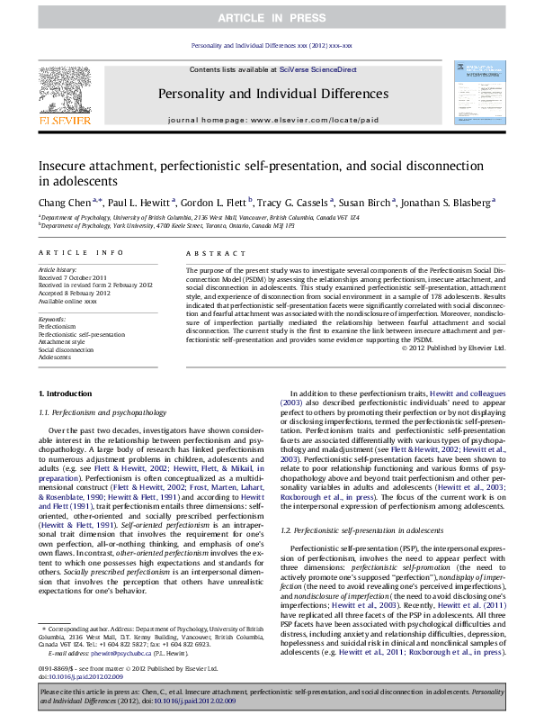 (PDF) Insecure Attachment, Perfectionistic Self-Presentation, and ...
