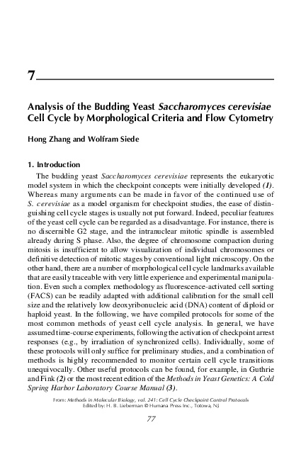 (PDF) Analysis of the Budding Yeast Saccharomyces cerevisiae Cell Cycle by Morphological ...