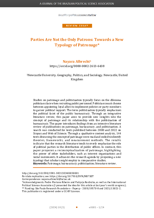 (PDF) Parties Are Not the Only Patrons: Towards a New Typology of Patronage