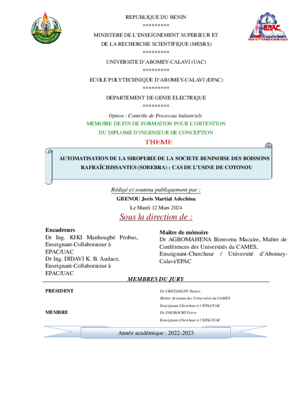 (PDF) AUTOMATISATION DE LA SIROPERIE DE LA SOCIETE BENINOISE DES ...