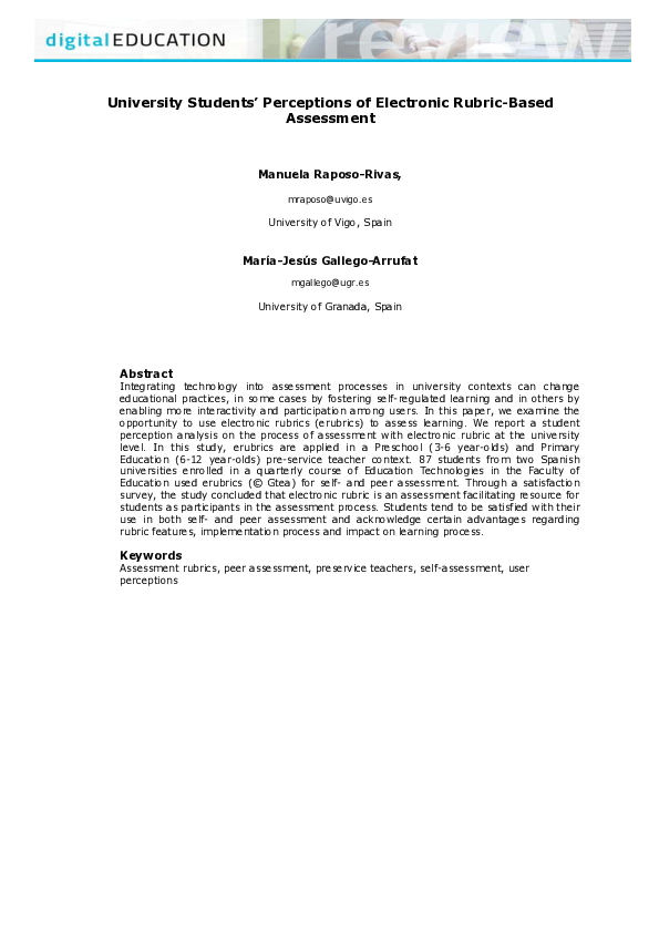 (PDF) University Students' Perceptions of Electronic Rubric-Based ...