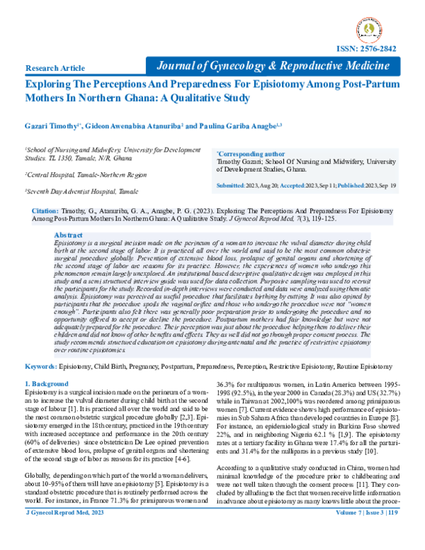 (PDF) Exploring The Perceptions And Preparedness For Episiotomy Among Post-Partum Mothers In ...
