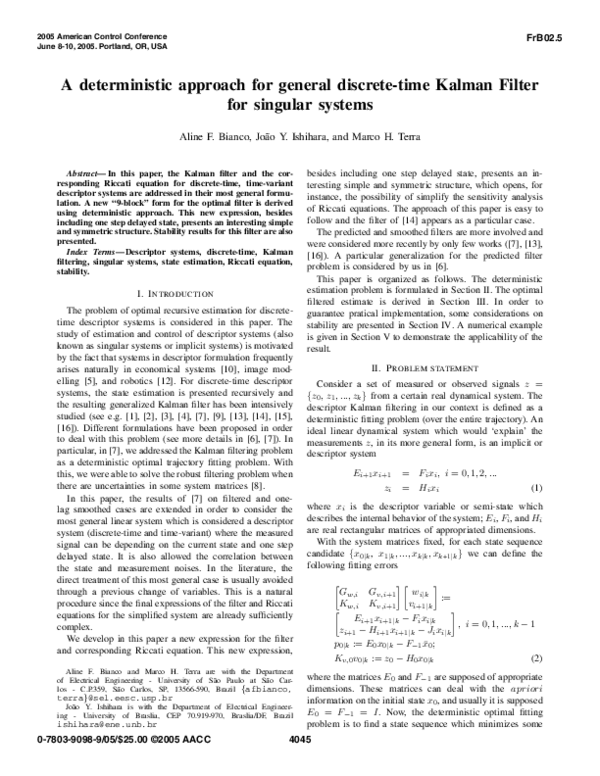 (PDF) A deterministic approach for general discrete-time Kalman filter for singular systems