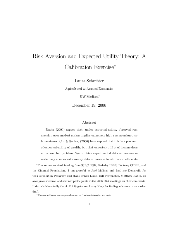 (PDF) Risk Aversion and Expected-Utility Theory: A Calibration Exercise