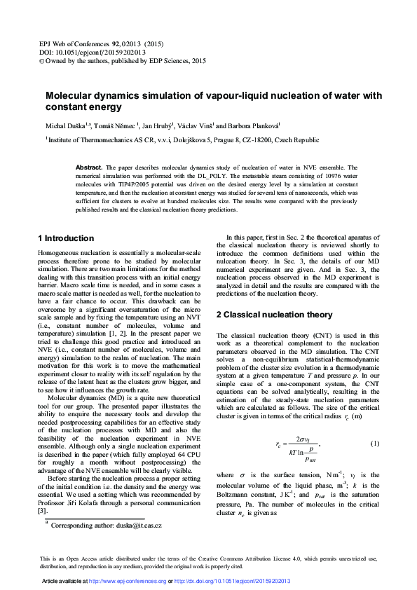 (PDF) Molecular dynamics simulation of vapour-liquid nucleation of water with constant energy