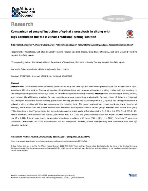 (PDF) Comparison of ease of induction of spinal anaesthesia in sitting ...