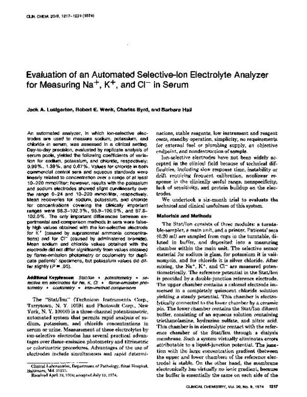 (PDF) Evaluation of an Automated Selective-Ion Electrolyte Analyzer for ...