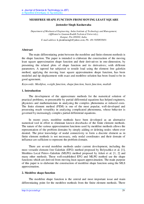 Pdf Meshfree Shape Function From Moving Least Square