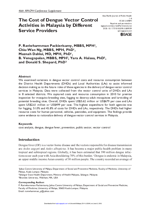 (PDF) The Cost of Dengue Vector Control Activities in Malaysia by Different Service Providers