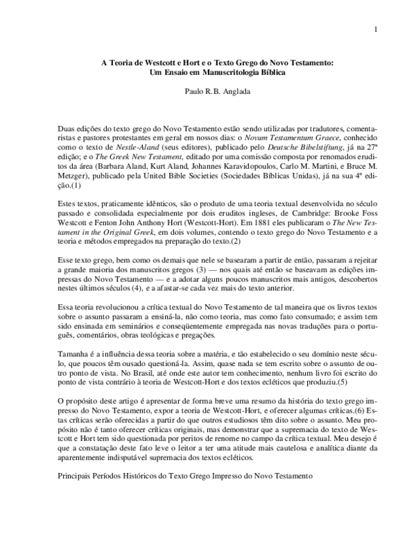 (PDF) A Teoria de Westcott e Hort e o Texto Grego do NT: Um Ensaio em ...