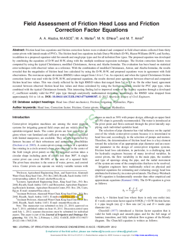 (PDF) Field Assessment of Friction Head Loss and Friction Correction ...