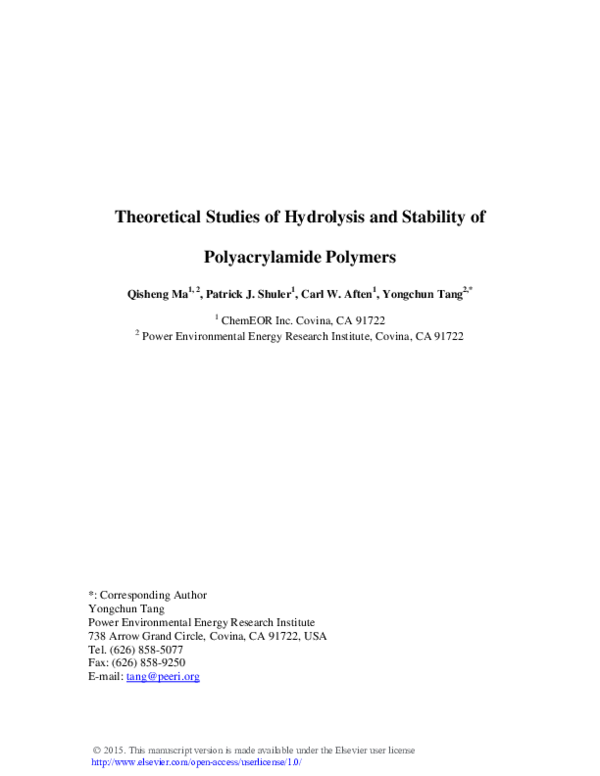 (PDF) Theoretical studies of hydrolysis and stability of polyacrylamide polymers
