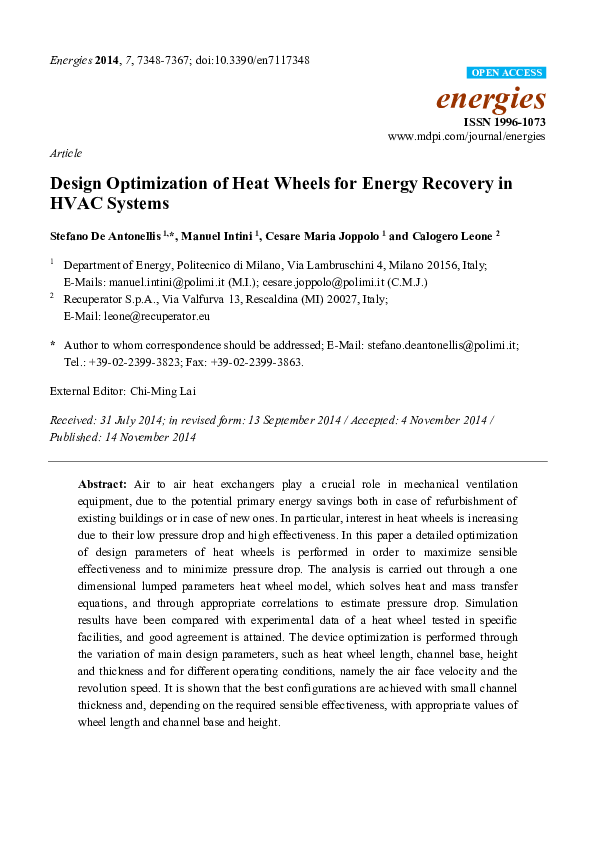 (PDF) Article Design Optimization of Heat Wheels for Energy Recovery in ...