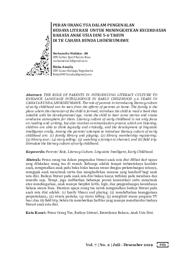 (PDF) Peran Orang Tua dalam Pengenalan Budaya Literasi untuk Meningkatkan Kecerdasan Bahasa Pada ...