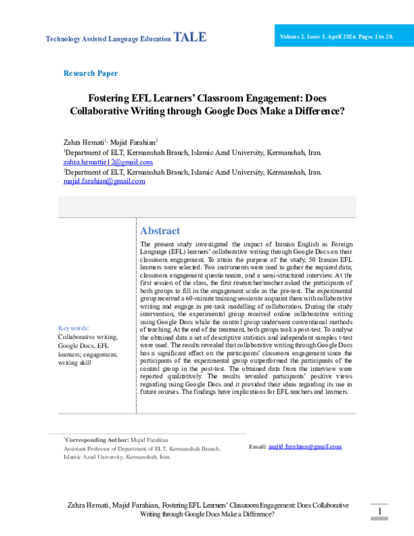 (PDF) Fostering EFL Learners' Classroom Engagement: Does Collaborative ...