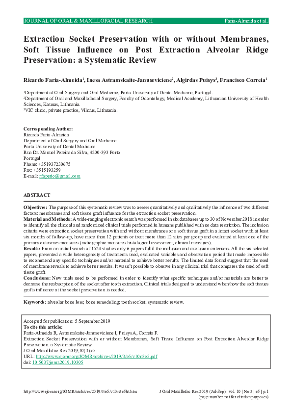 (PDF) Extraction Socket Preservation with or without Membranes, Soft ...