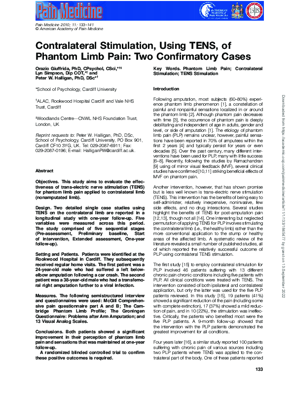 (PDF) Contralateral Stimulation, Using TENS, of Phantom Limb Pain: Two ...