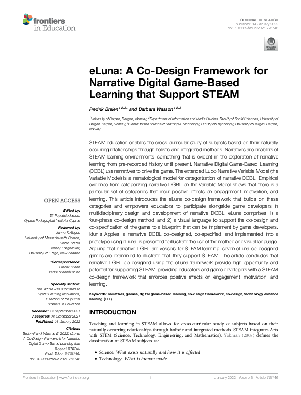 (PDF) eLuna: A Co-Design Framework for Narrative Digital Game-Based Learning that Support STEAM