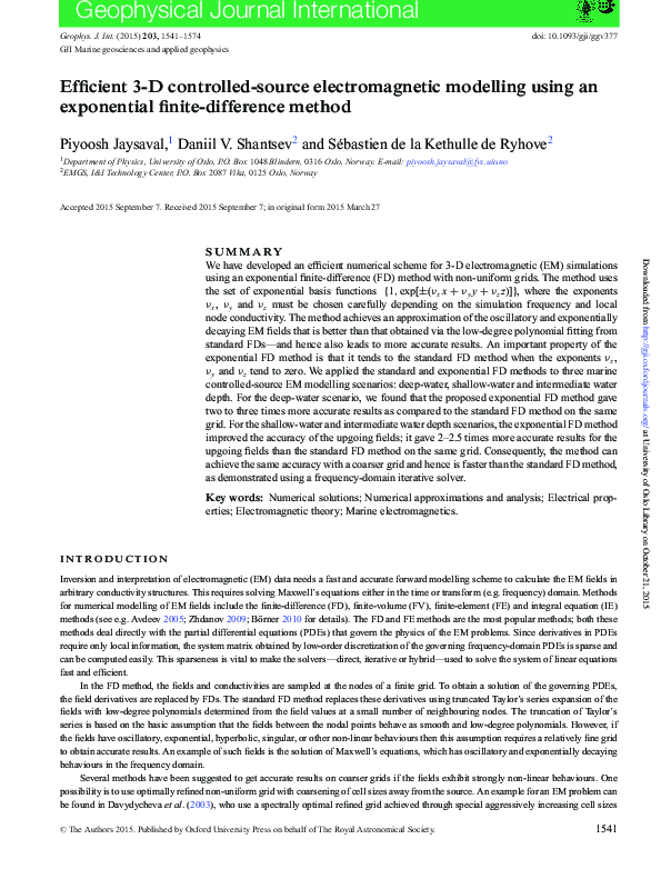 Pdf Efficient 3 D Controlled Source Electromagnetic Modelling Using An Exponential Finite