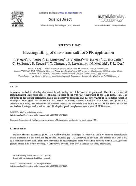 (PDF) Electrografting of diazonium salt for SPR application