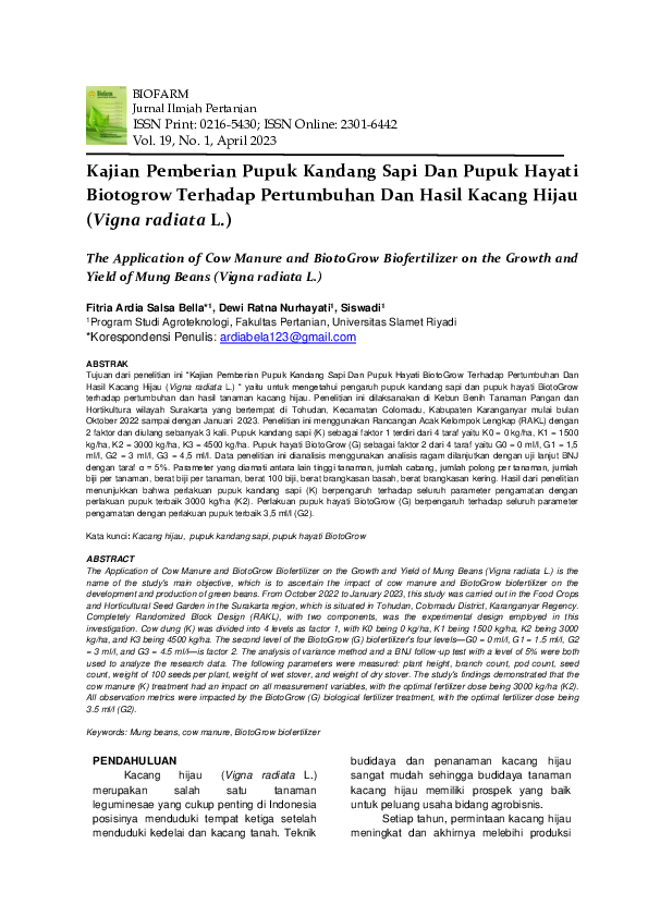(PDF) KAJIAN PEMBERIAN PUPUK KANDANG SAPI DAN PUPUK HAYATI BIOTOGROW TERHADAP PERTUMBUHAN DAN ...