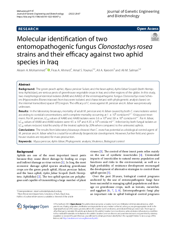 (PDF) Molecular identification of two entomopathogenic fungus Clonostachys rosea strains and ...
