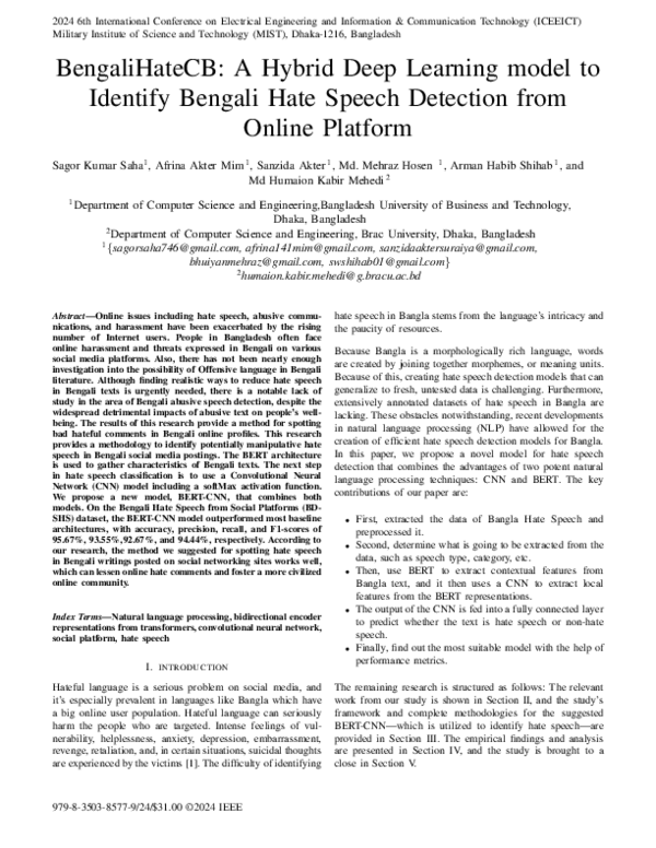 (PDF) BengaliHateCB: A Hybrid Deep Learning model to Identify Bengali Hate Speech Detection from ...
