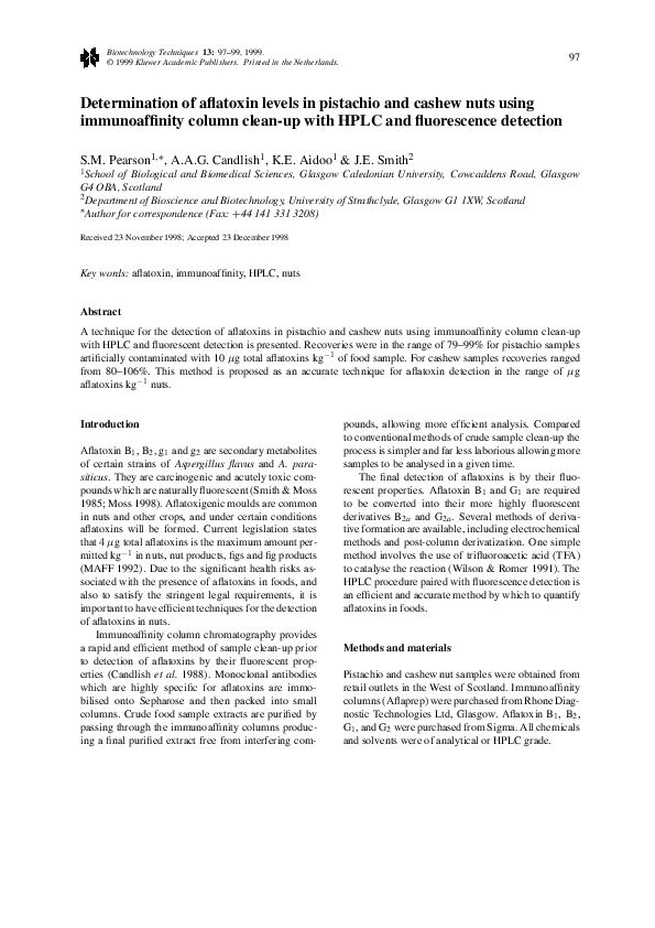 (PDF) Determination of aflatoxin levels in pistachio and cashew nuts using immunoaffinity column ...