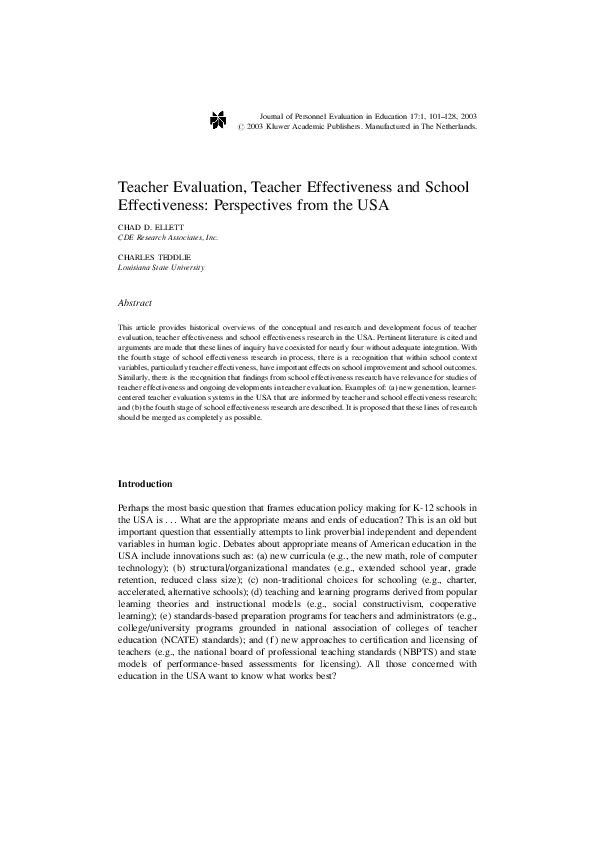 (PDF) Teacher Evaluation, Teacher Effectiveness and School Effectiveness: Perspectives from the USA