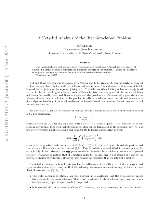 (PDF) A detailed analysis of the brachistochrone problem