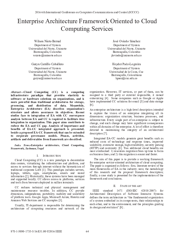 (PDF) Enterprise architecture framework oriented to cloud computing services