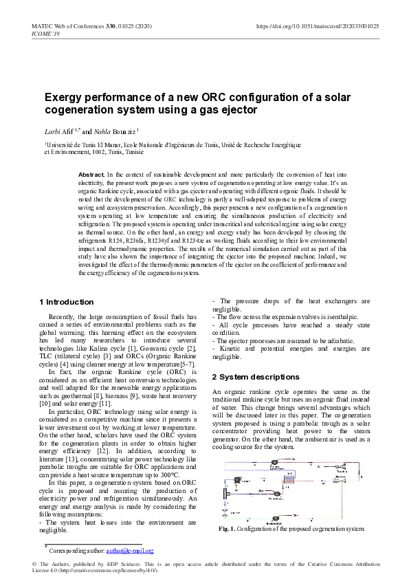 Pdf Exergy Performance Of A New Orc Configuration Of A Solar Cogeneration System Using A Gas