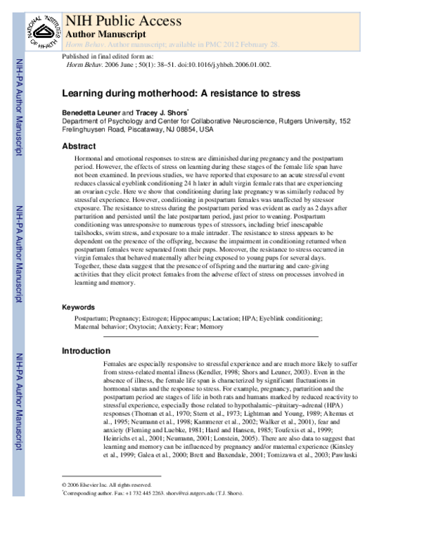 (PDF) Learning during motherhood: A resistance to stress | Tracey Shors ...
