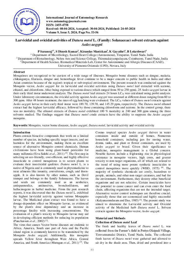 (PDF) Larvicidal and ovicidal activities of Datura metel L. (Family: Solanaceae) solvent ...