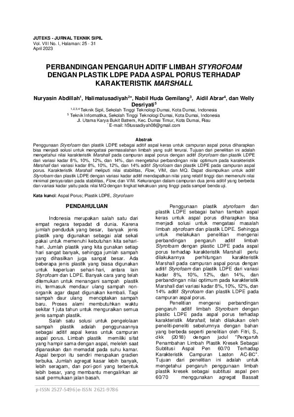 (PDF) Perbandingan Pengaruh Aditif Limbah Styrofoam Dengan Plastik Ldpe Pada Aspal Porus ...