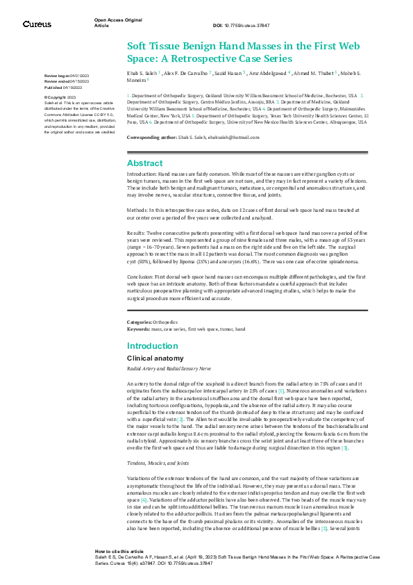 (PDF) Soft Tissue Benign Hand Masses in the First Web Space: A ...