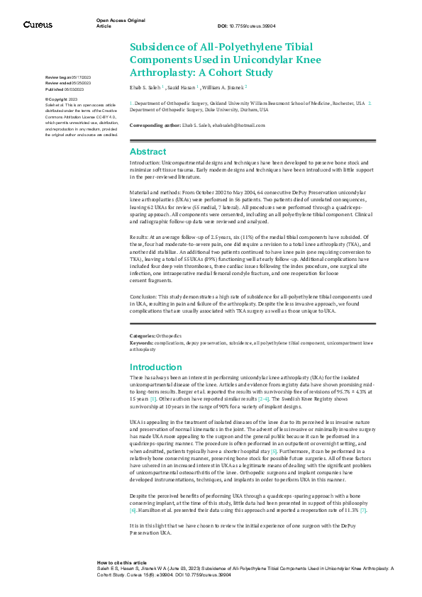(PDF) Subsidence of All-Polyethylene Tibial Components Used in ...