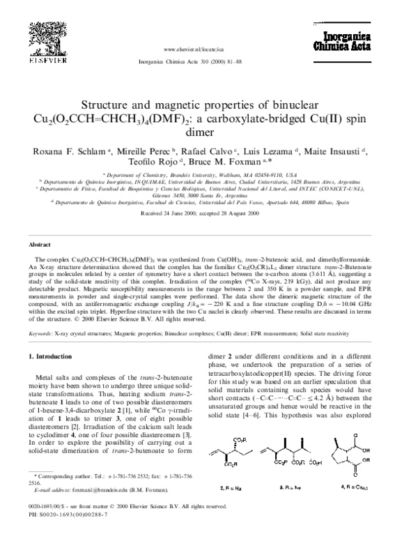 (PDF) Structure and magnetic properties of binuclear Cu2(O2CCH CHCH3)4(DMF)2: a carboxylate ...