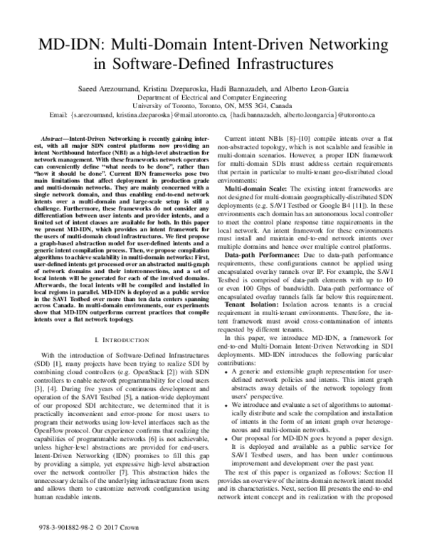 (PDF) MD-IDN: Multi-domain intent-driven networking in software-defined infrastructures