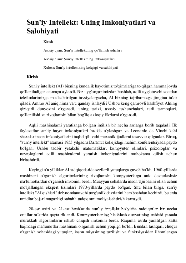 (PDF) Sun'iy Intellekt: Uning Imkoniyatlari va Salohiyati Kirish Asosiy ...