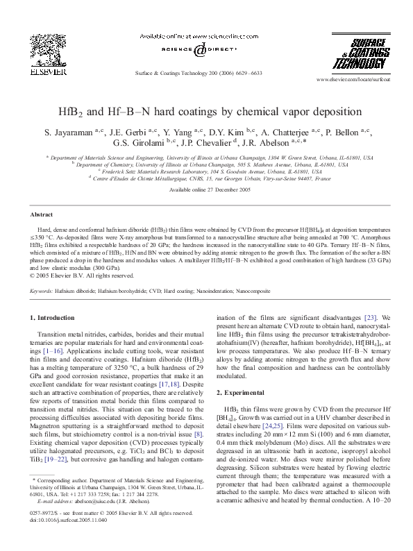 (PDF) HfB2 and Hf–B–N hard coatings by chemical vapor deposition