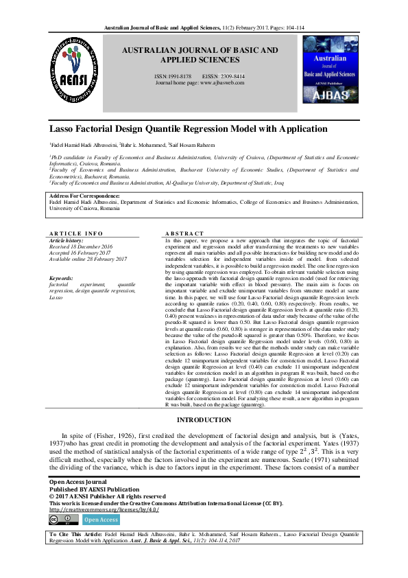 Pdf Lasso Factorial Design Quantile Regression Model With Application
