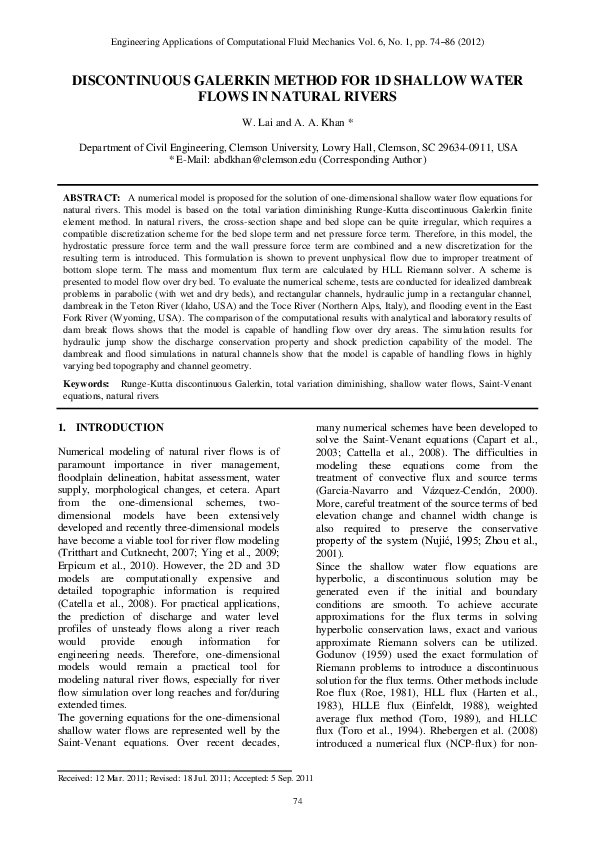 (PDF) Discontinuous Galerkin Method for 1D Shallow Water Flows in ...