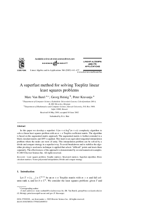 Pdf 2003 A Superfast Method For Solving Toeplitz Linear Least Squares Problems