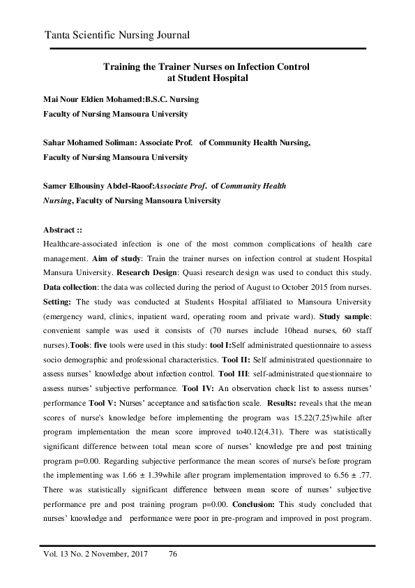 (PDF) Training the Trainer Nurses on Infection Control at Student ...