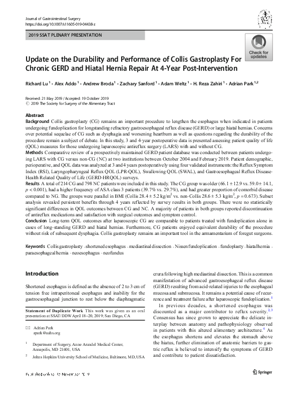 (PDF) Update on the Durability and Performance of Collis Gastroplasty ...