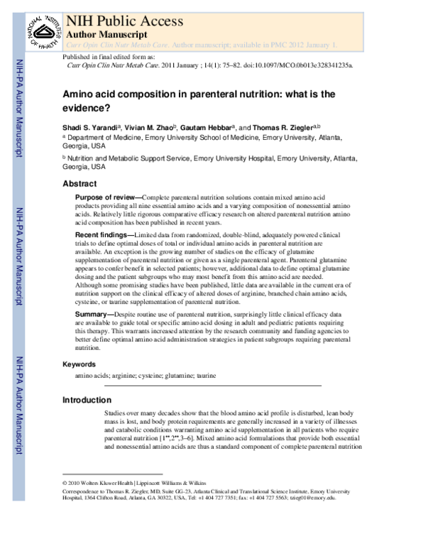 (PDF) Amino acid composition in parenteral nutrition: what is the evidence? | Kürşat Gündoğan ...