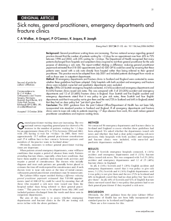 (PDF) Sick notes, general practitioners, emergency departments and ...