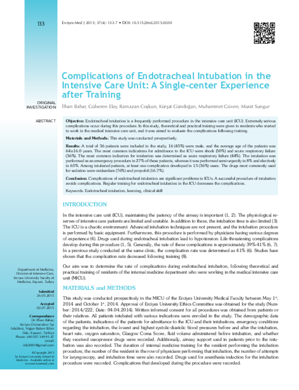 (PDF) Complications of Endotracheal Intubation in the Intensive Care ...