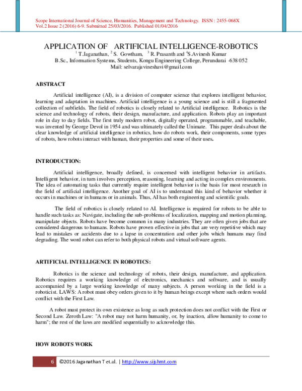 (PDF) Application of Artificial Intelligence-Robotics